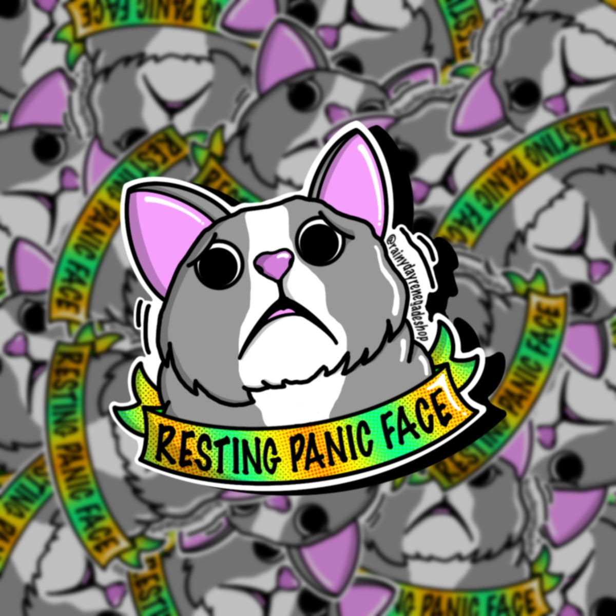 Resting Panic Face Cat Sticker – Rainy Day Renegade